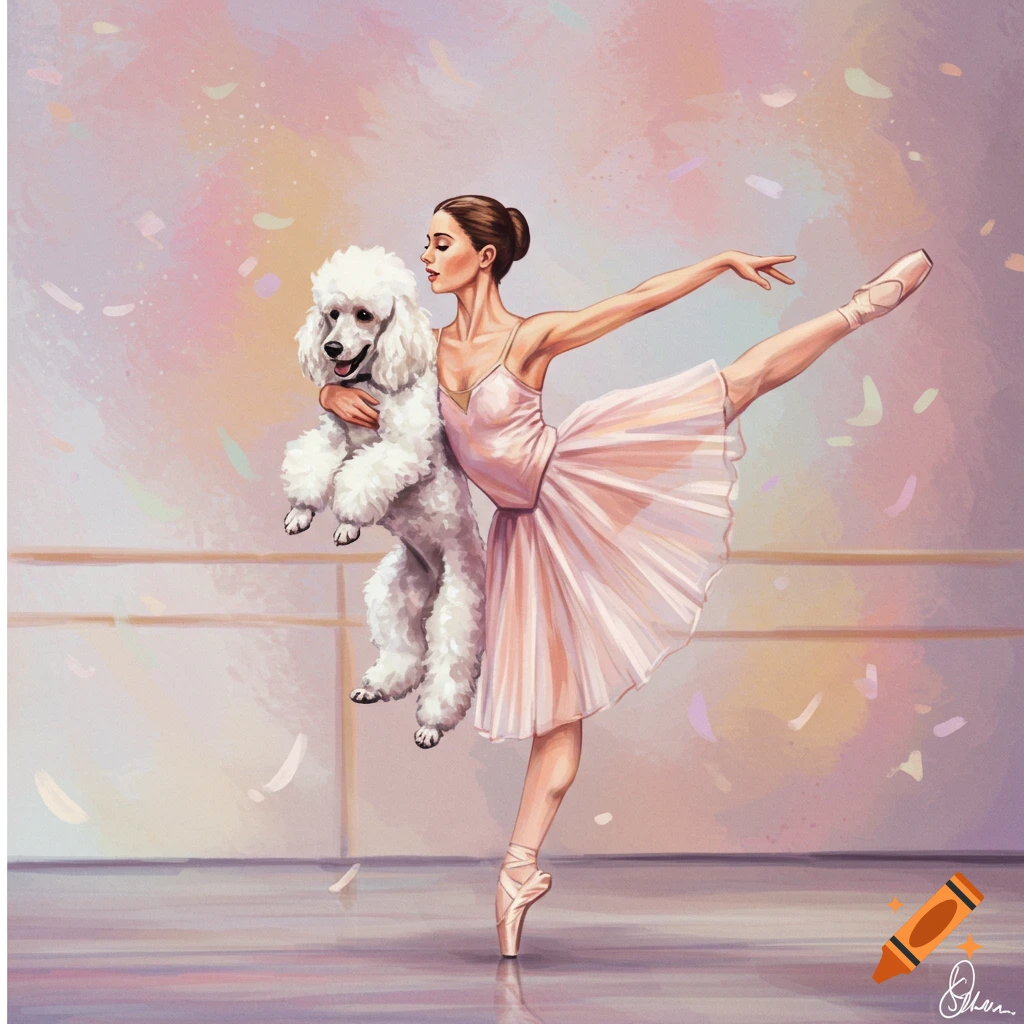 A ballerina en pointe in a pink tutu holds a white poodle in a dance ...