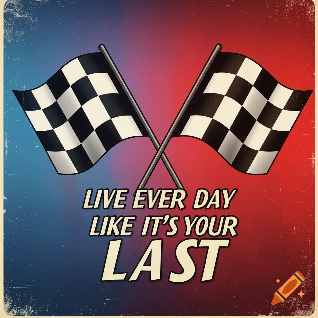 Black and white vintage checkered flags with "Live Every Day Like It's ...