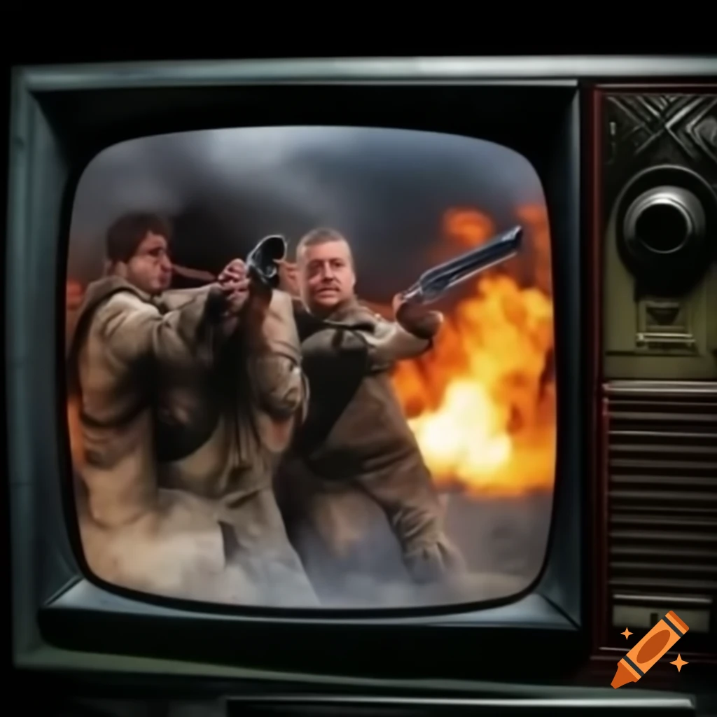 Old TV displaying action movie scene with war and machine guns on Craiyon
