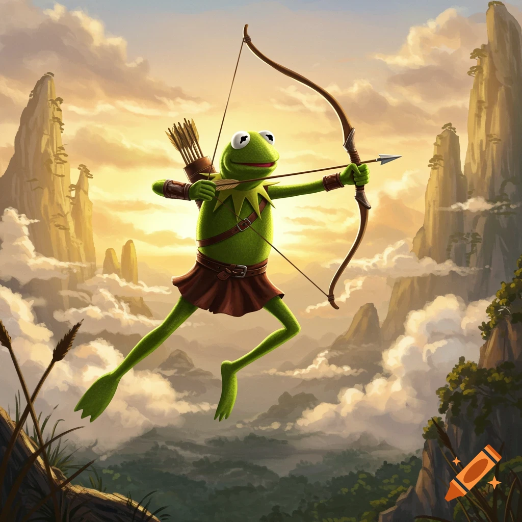 Kermit the frog with bow and arrow in epic pose on Craiyon