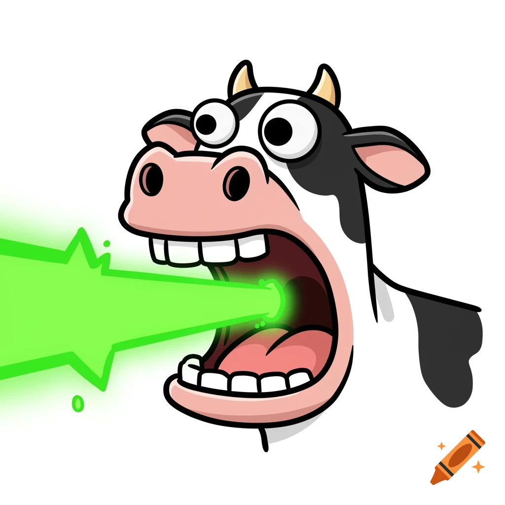 Cartoon cow with googly eyes shoots a green laser from its mouth on Craiyon