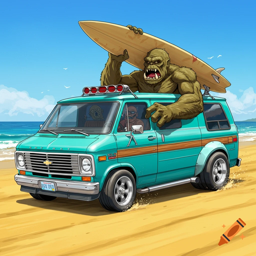 Vintage Cartoon Illustration of a Sea Green Chevy Pickup Truck at the ...