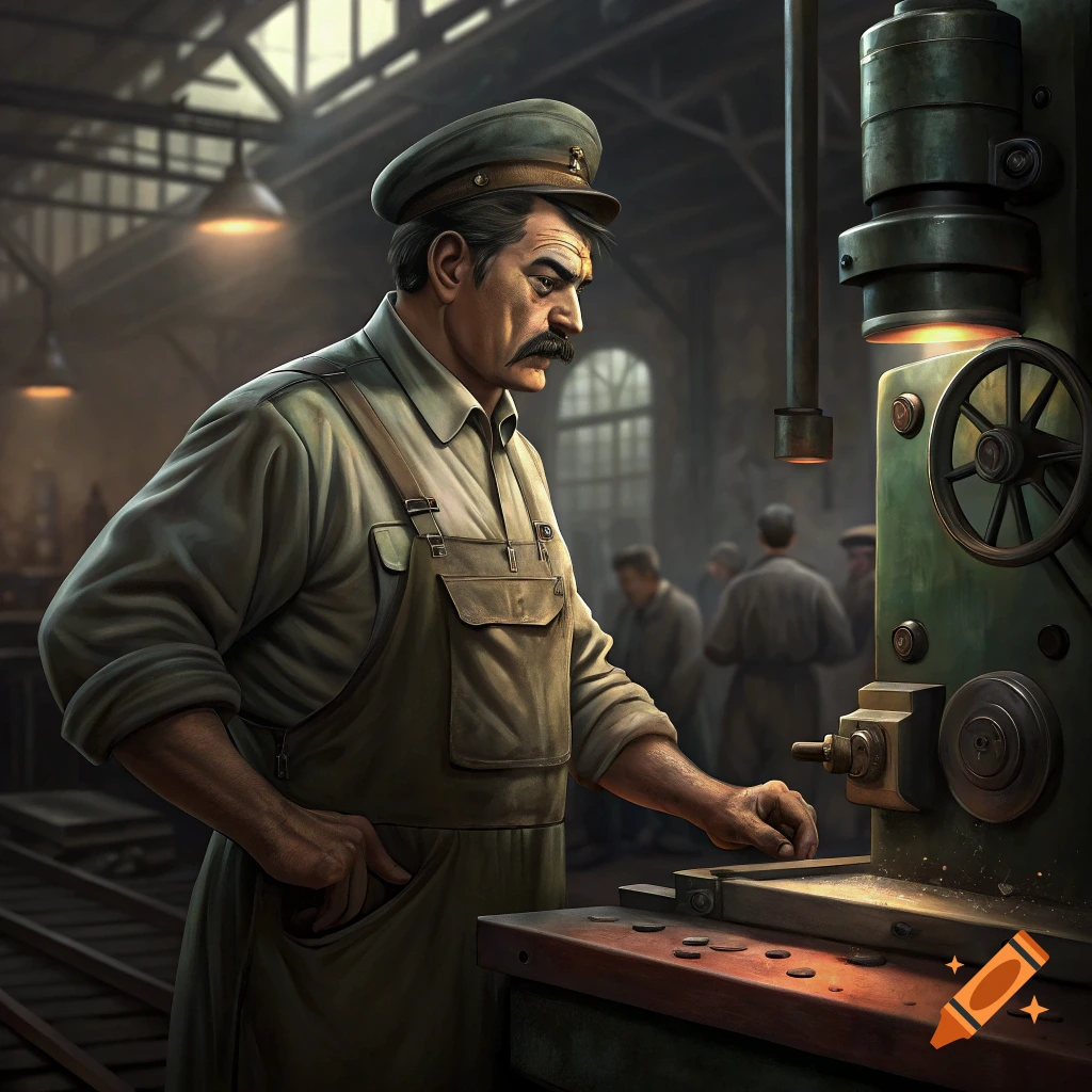 Joseph Stalin working in a factory on Craiyon