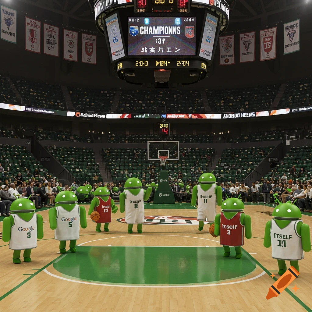 Android Bugdroids playing basketball in a large stadium with a ...