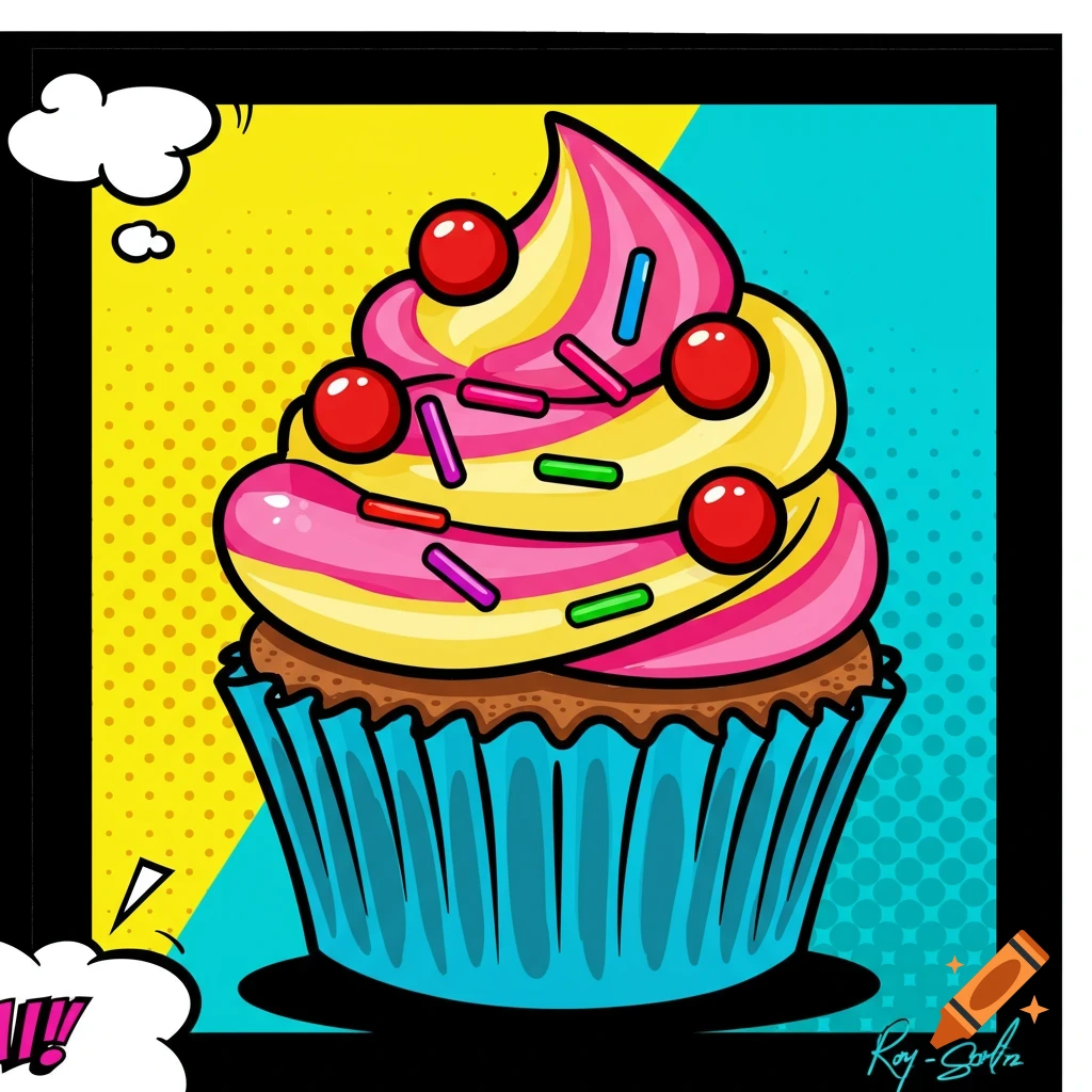 Pop art style illustration of a colorful cupcake with pink and yellow ...