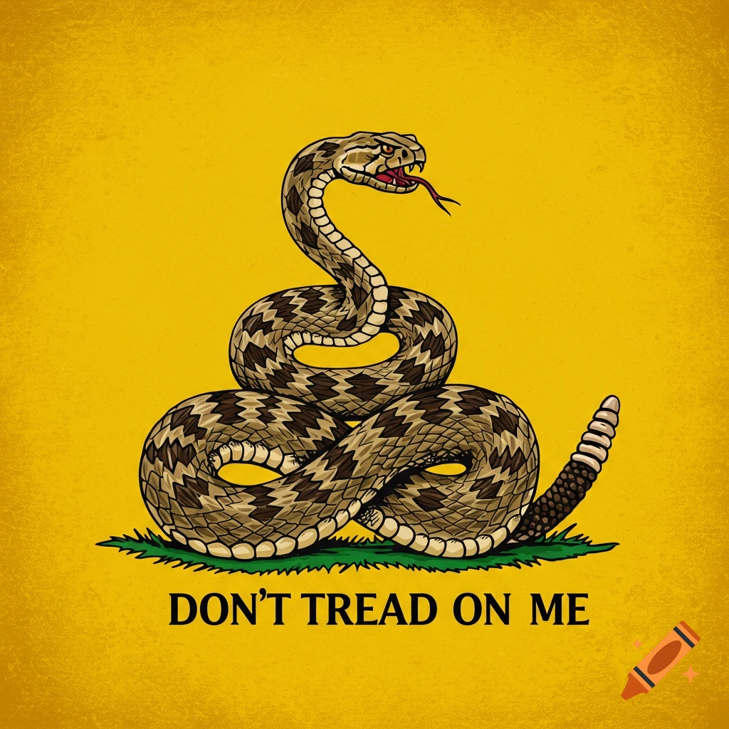 Illustration of a coiled rattlesnake on a yellow background above a banner reading 'Don't Tread ...