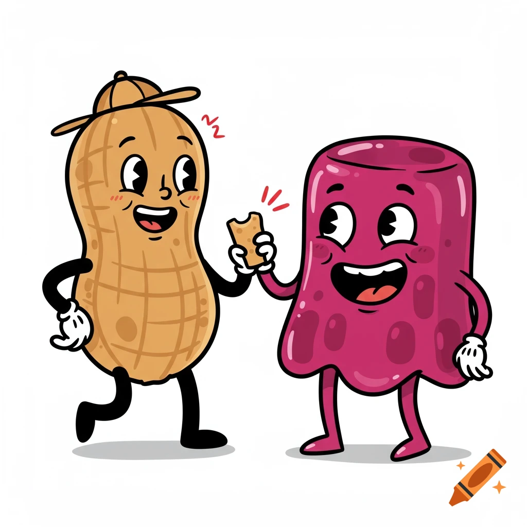 Cartoon peanut and jelly characters smiling and sharing a cracker. on Craiyon