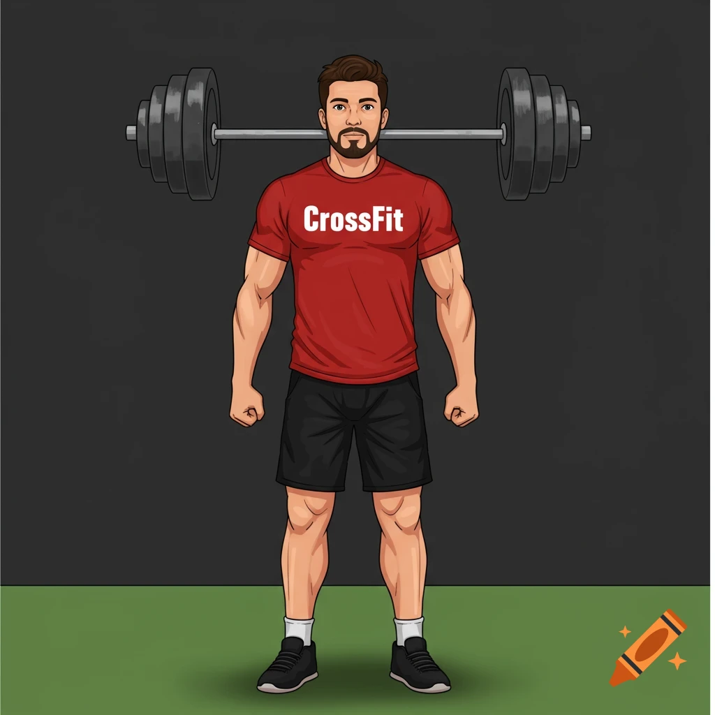 A cartoon man in a red shirt lifting a barbell overhead on Craiyon