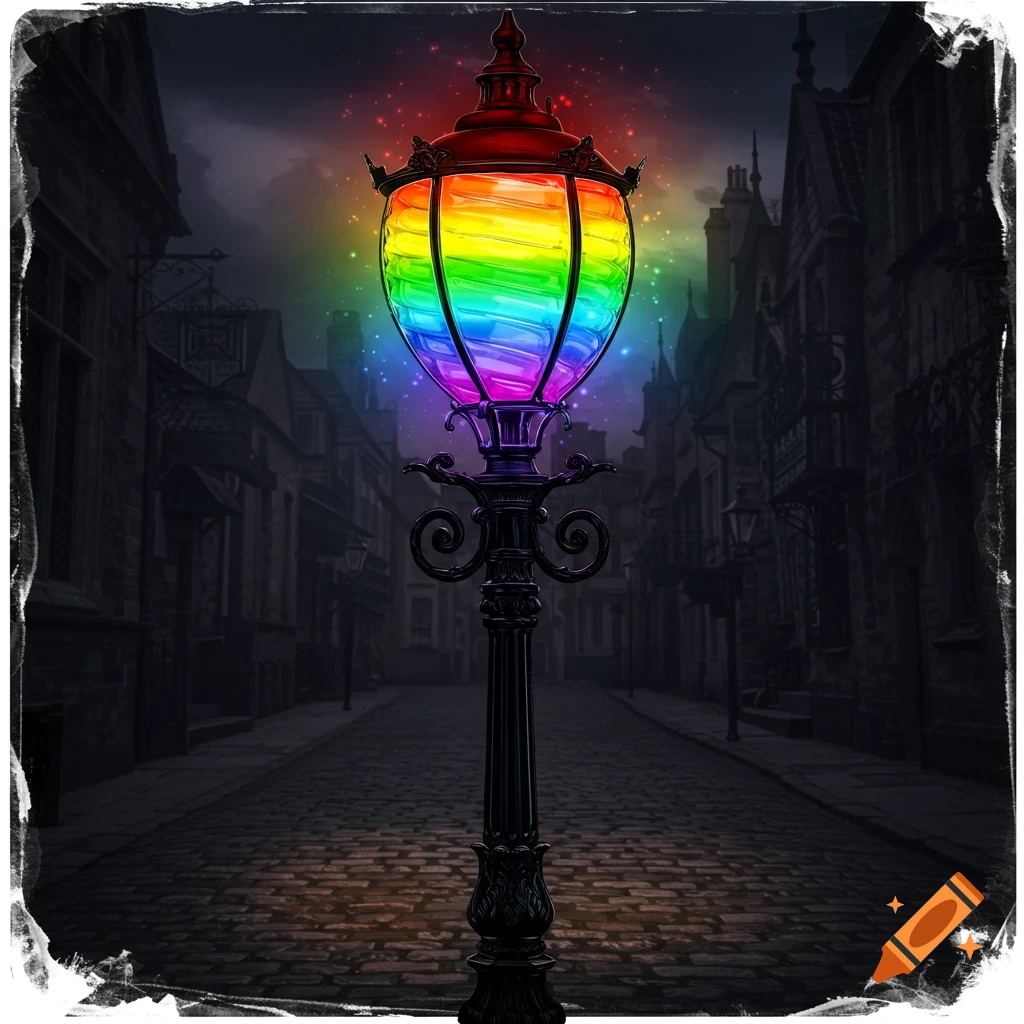 A rainbow colored gas lamp stands on a dark cobblestone street lined ...