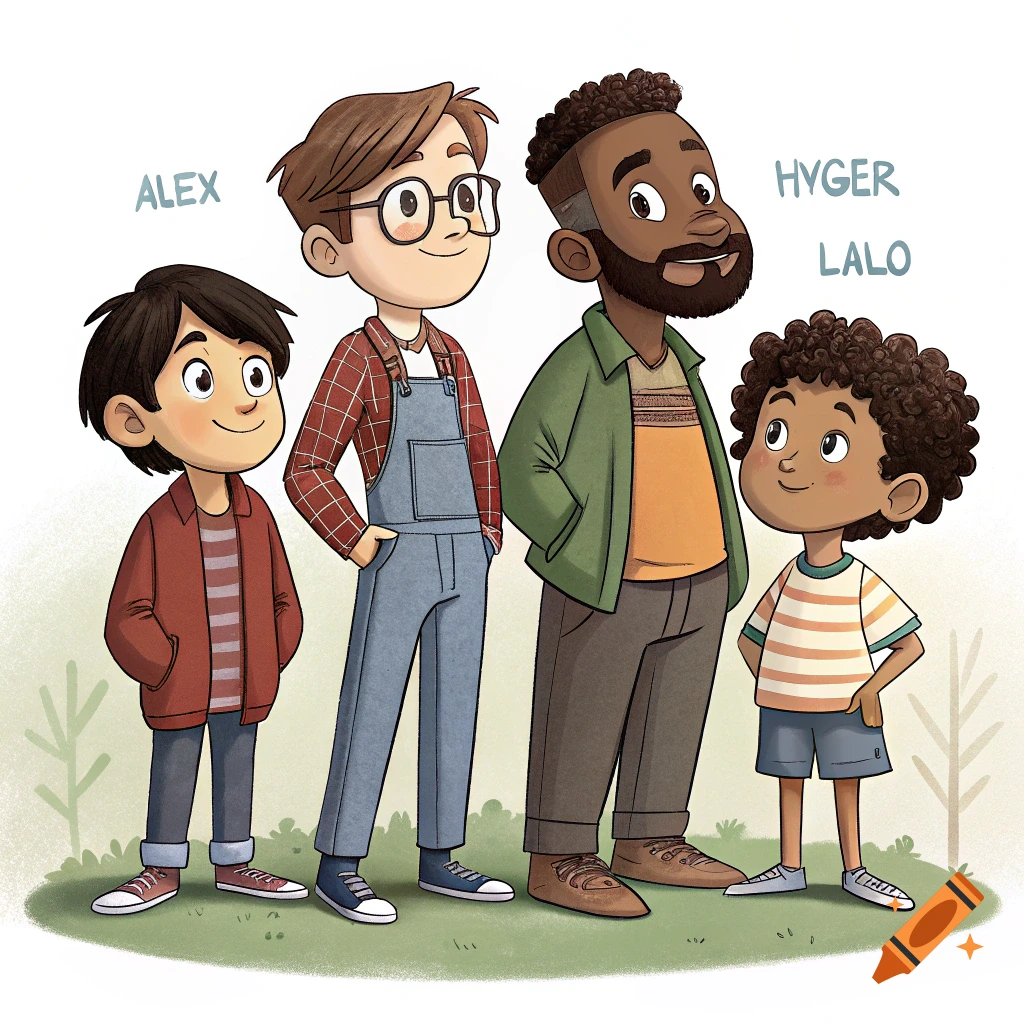 Illustration of four cartoon characters standing outdoors with names ...