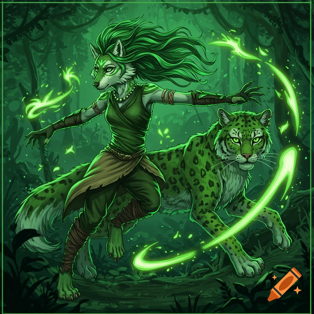 Illustrated fantasy art of a green wolf creature riding a green spotted cat through a forest ...