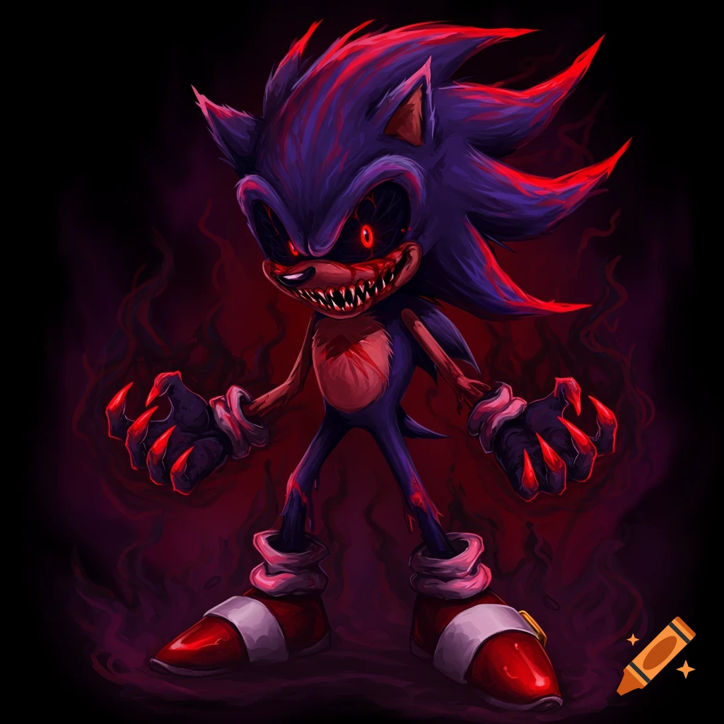 A corrupted, menacing Sonic-like creature with red eyes and claws, sharp teeth, and a dark red ...
