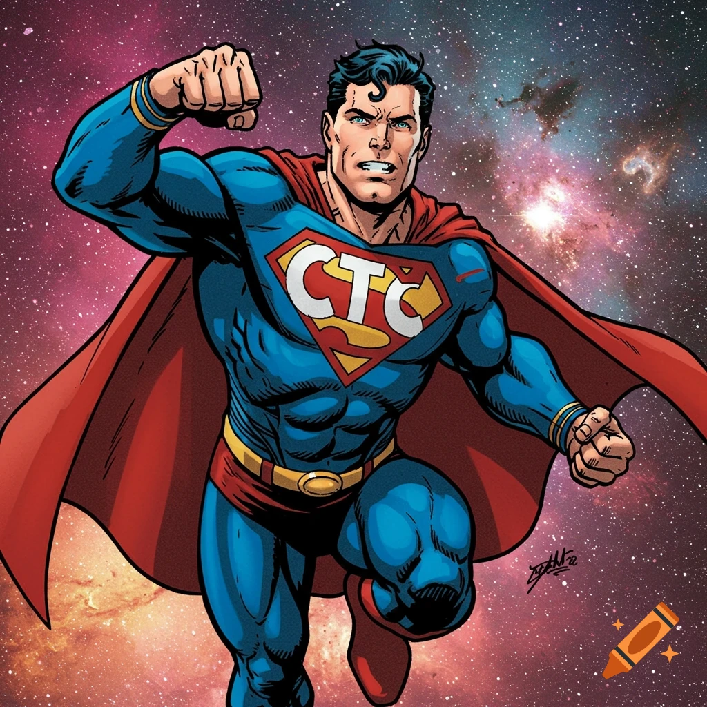 Comic book illustration of Superman flying through starry space on Craiyon