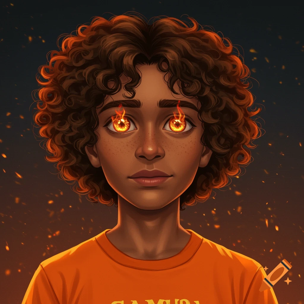 Illustration of a young person with curly brown hair and fiery orange ...