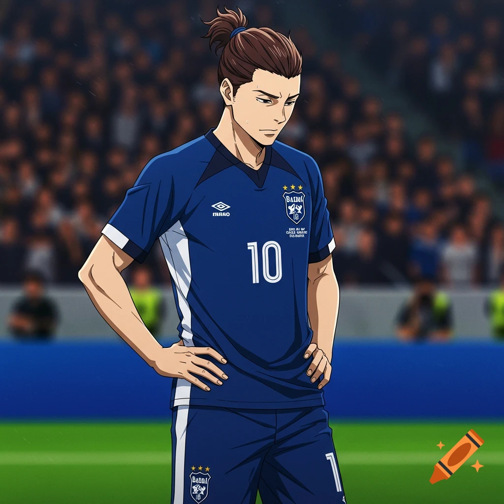 Anime soccer player in a blue uniform with number 10 on a field on Craiyon