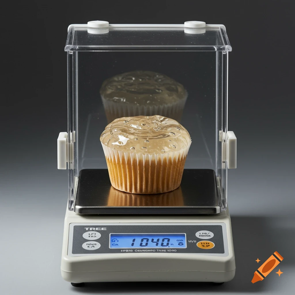 Cupcake with clear gel being weighed on a lab scale inside a glass case ...