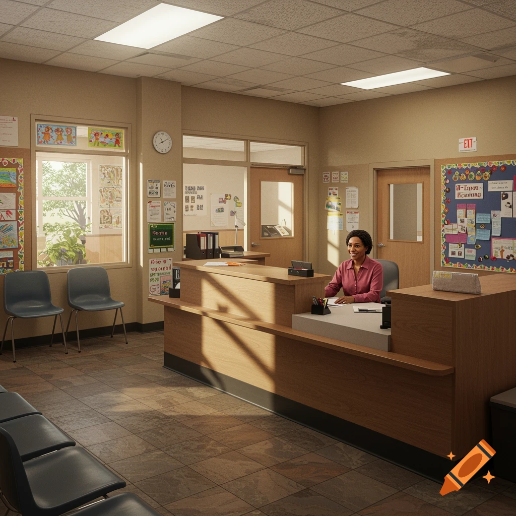 A smiling woman sits at a reception desk in a school office waiting ...