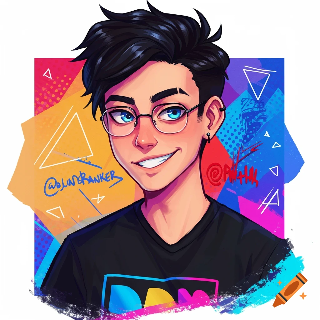 Cartoon portrait of a person with glasses smiling against a colorful ...