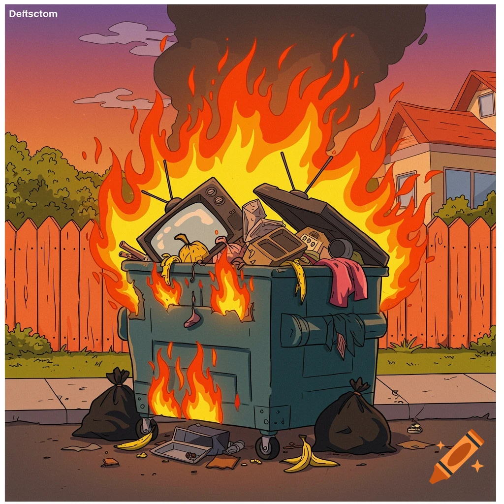 Cartoon image of a burning dumpster overflowing with trash on a street ...