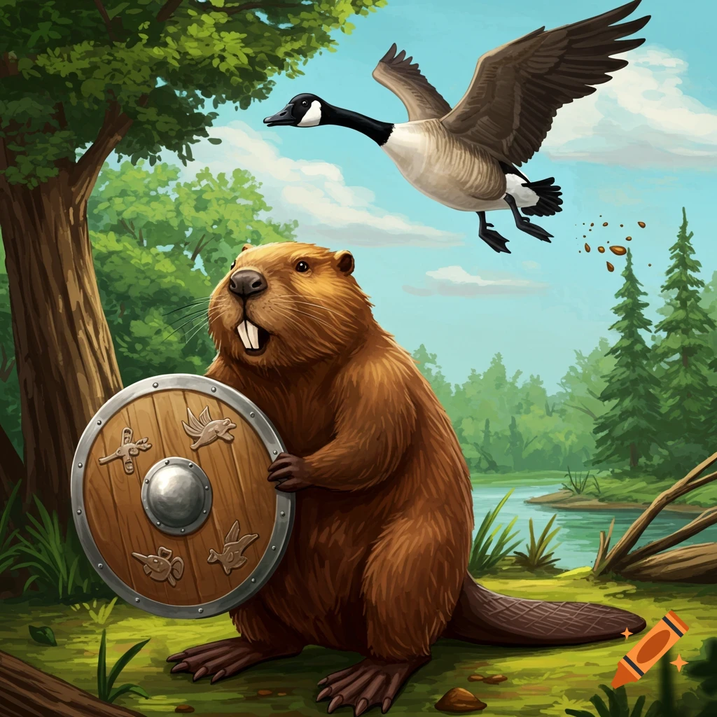 Cartoon beaver holding a Canadian flag shield in a forest with a Canada ...