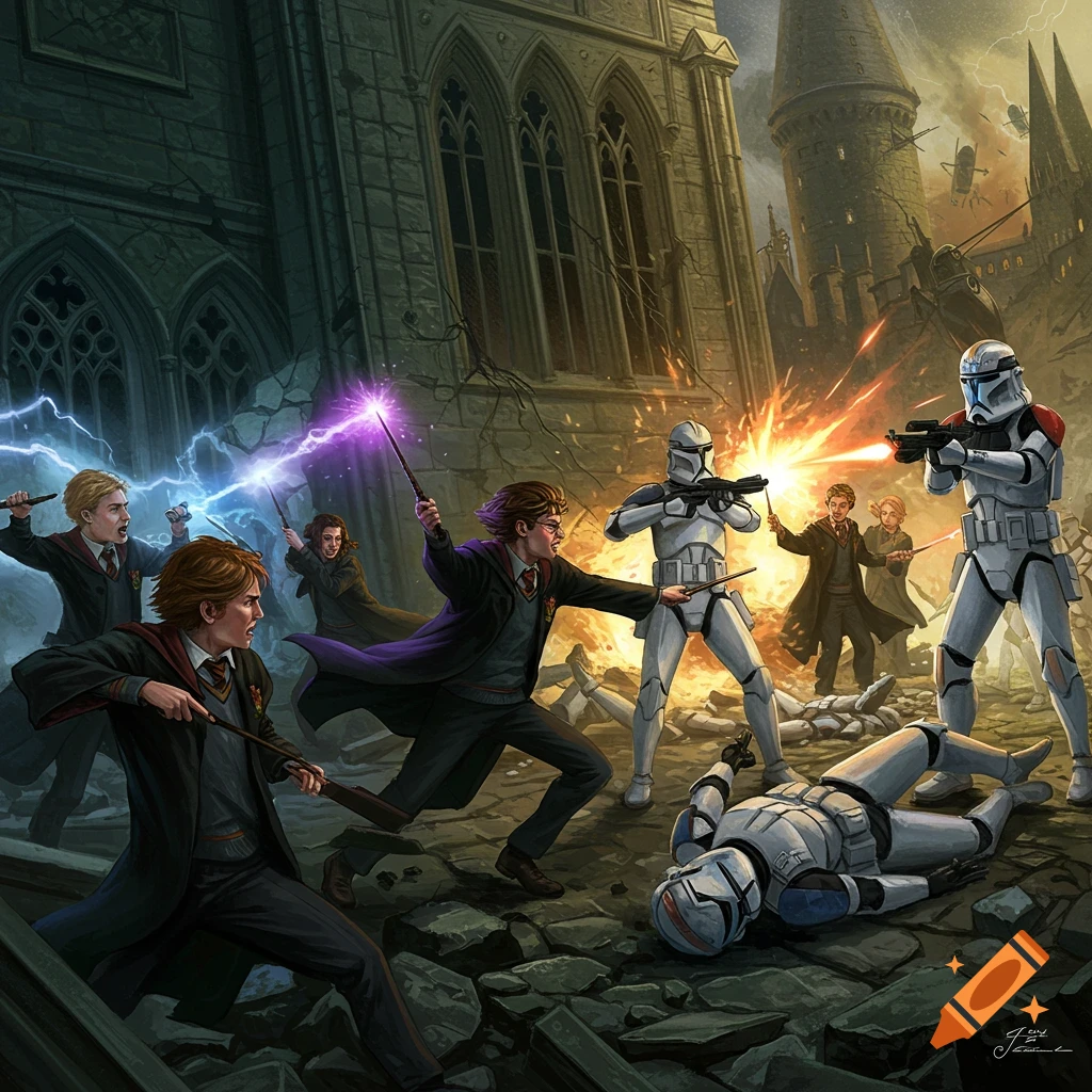 Wizards battle clone troopers with spells and blasters in a ruined ...