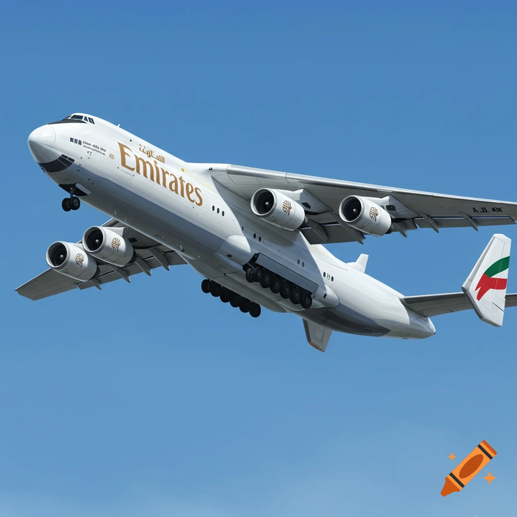 A large white Emirates cargo airplane takes off against a blue sky. on ...