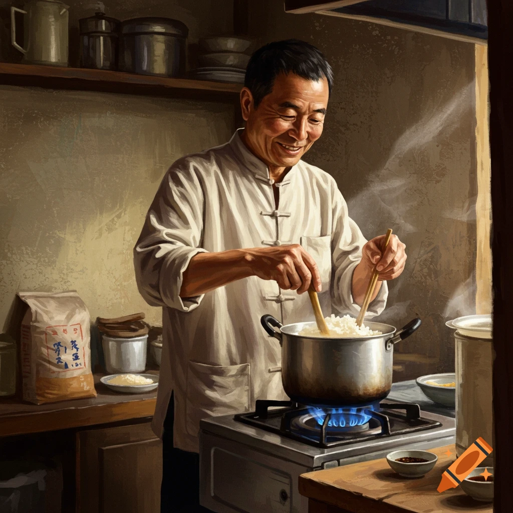 Chinese man making rice on Craiyon