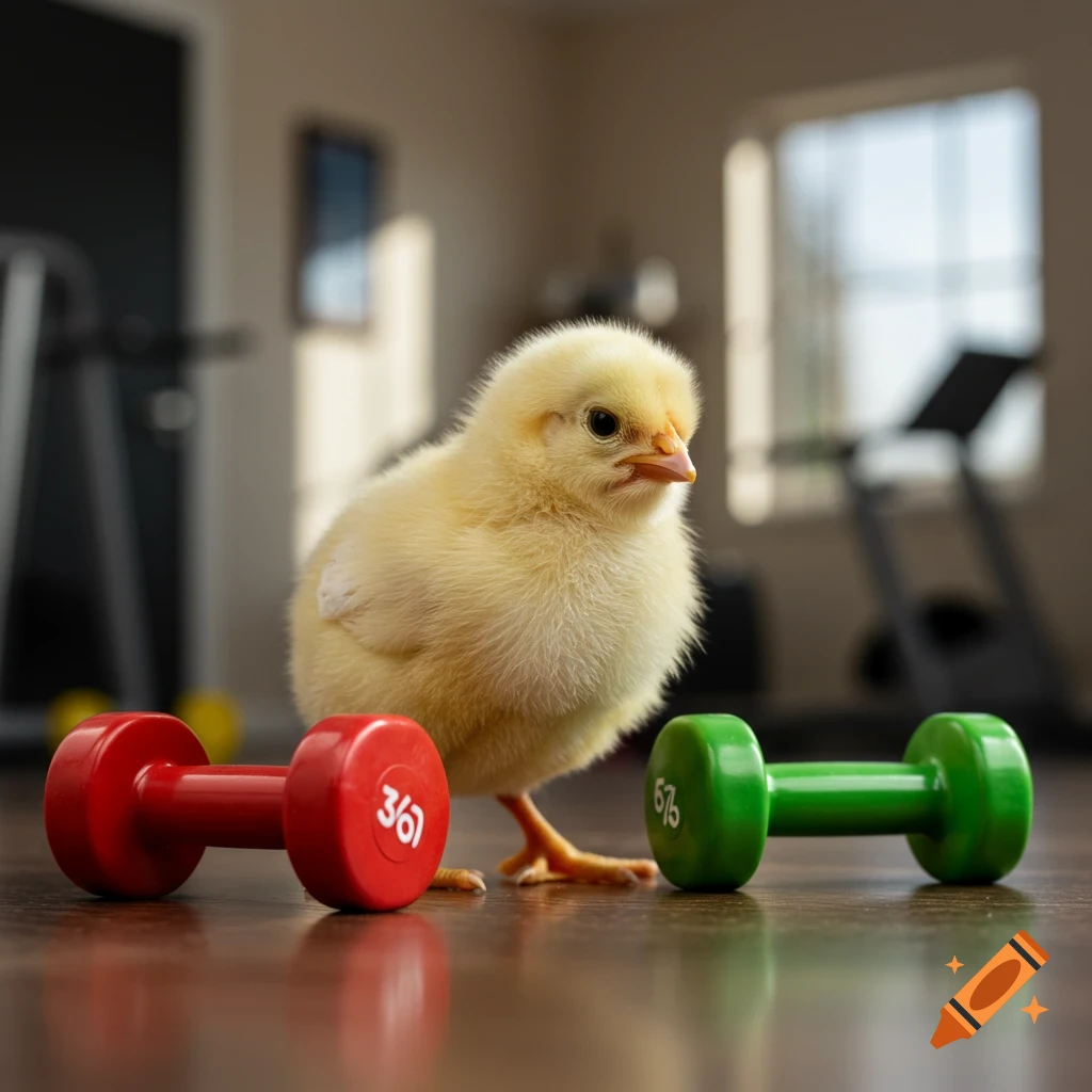 Fluffy baby chick stands between small red and green dumbbells in a gym ...