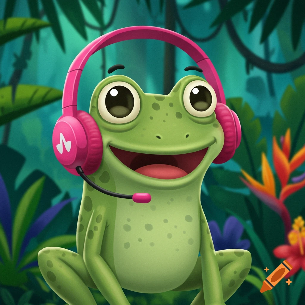 A cute cartoon frog wearing pink headphones and a purple hoodie in a ...