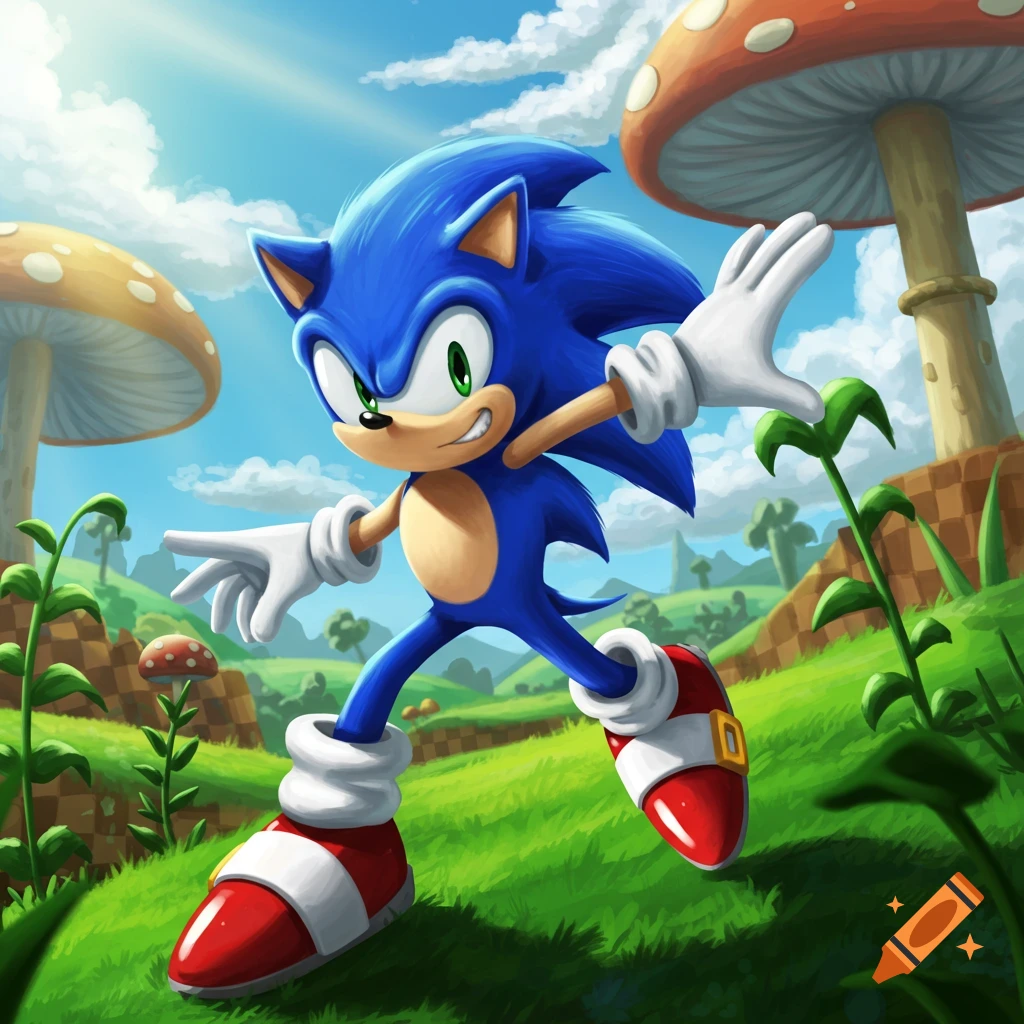 Blue Sonic the Hedgehog runs through a vibrant green landscape with yellow flowers in a cartoon ...