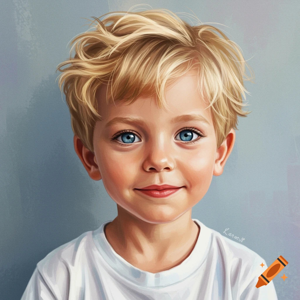 A painterly portrait of a young blond boy with blue eyes smiling. on ...