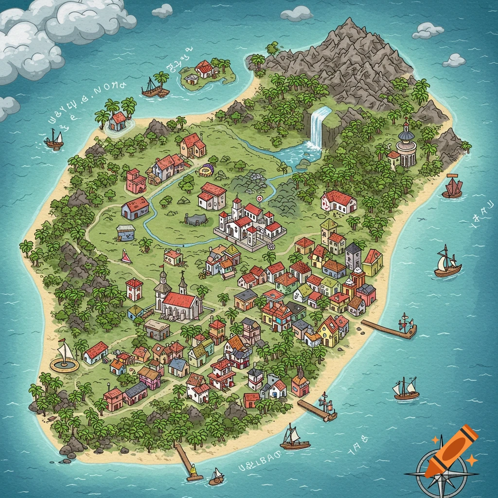 An illustrated map of a tropical island featuring a town, docks, boats ...