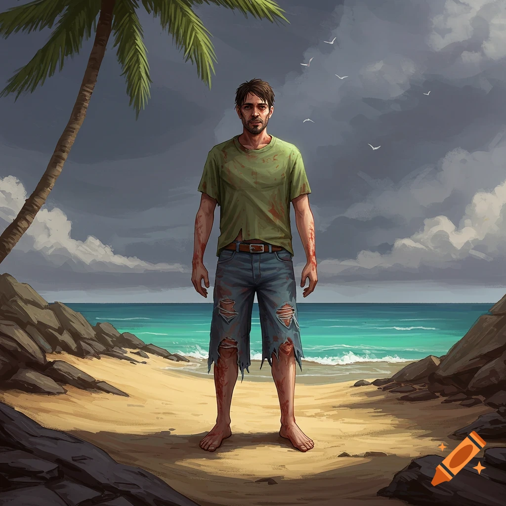 Stranded man on island, torn clothes on Craiyon