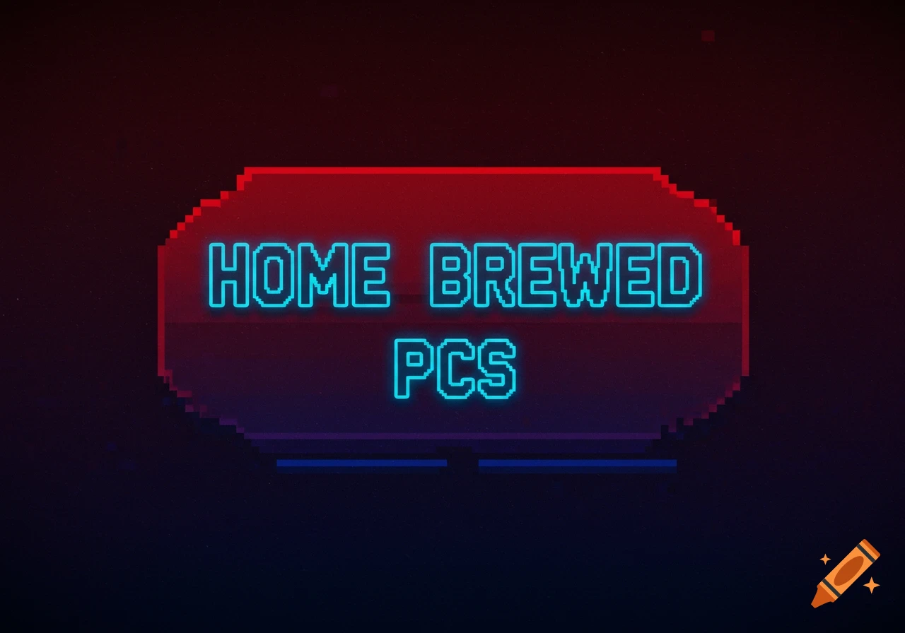 Pixelated neon banner with text 'HOME BREWED PCS' on a dark background ...