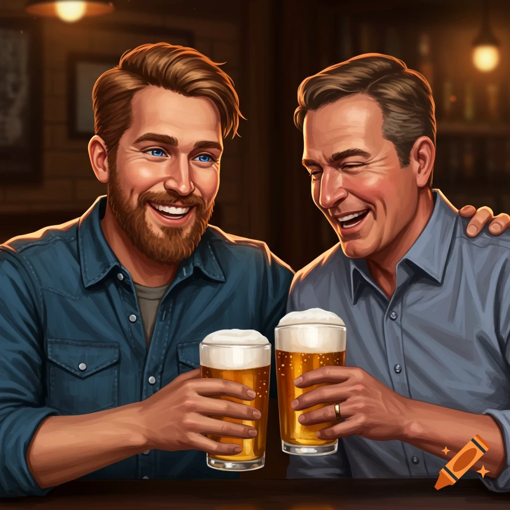 Two men smiling and toasting with beer glasses in a bar. on Craiyon