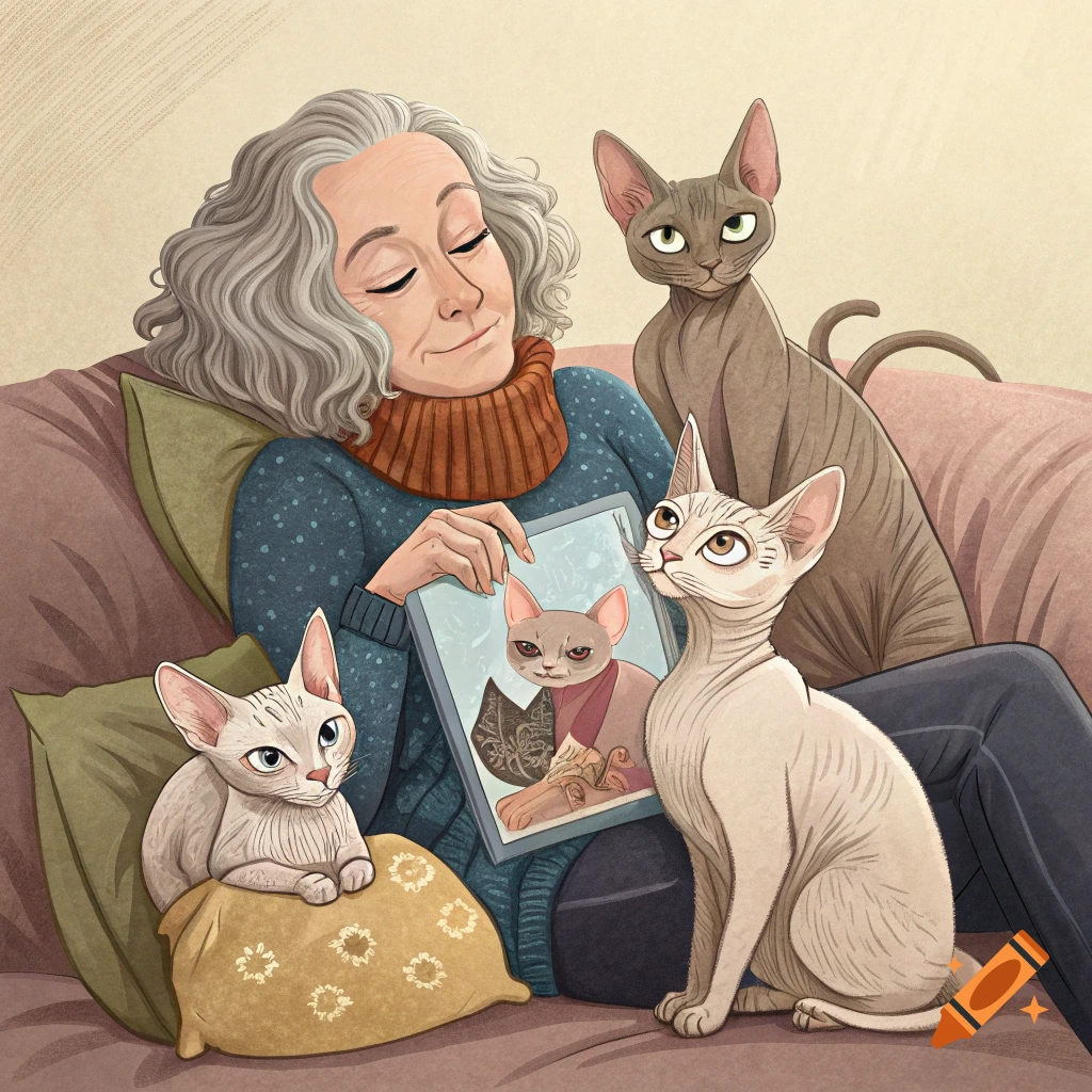 An illustration of an older woman sitting on a couch with three ...