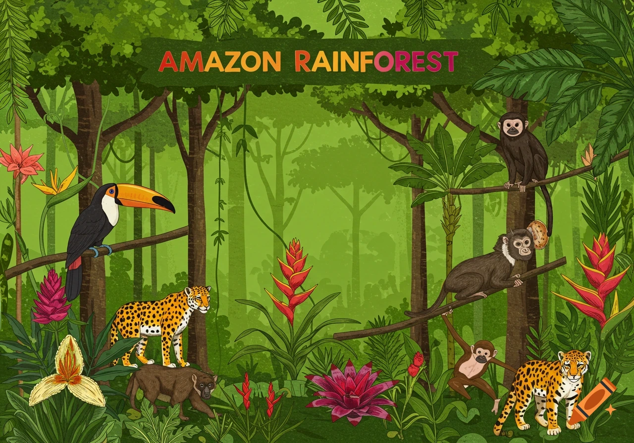 Amazon Rainforest collage with vibrant foliage, hand-drawn plants, and ...