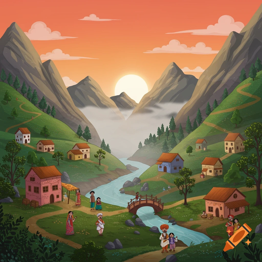 Cartoon Indian village in a mountain valley at sunrise with a river ...