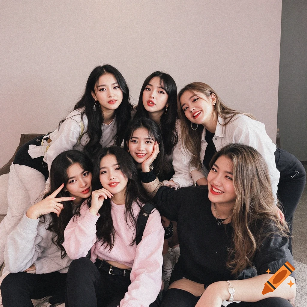 A group of seven young women posing for a photo indoors. on Craiyon