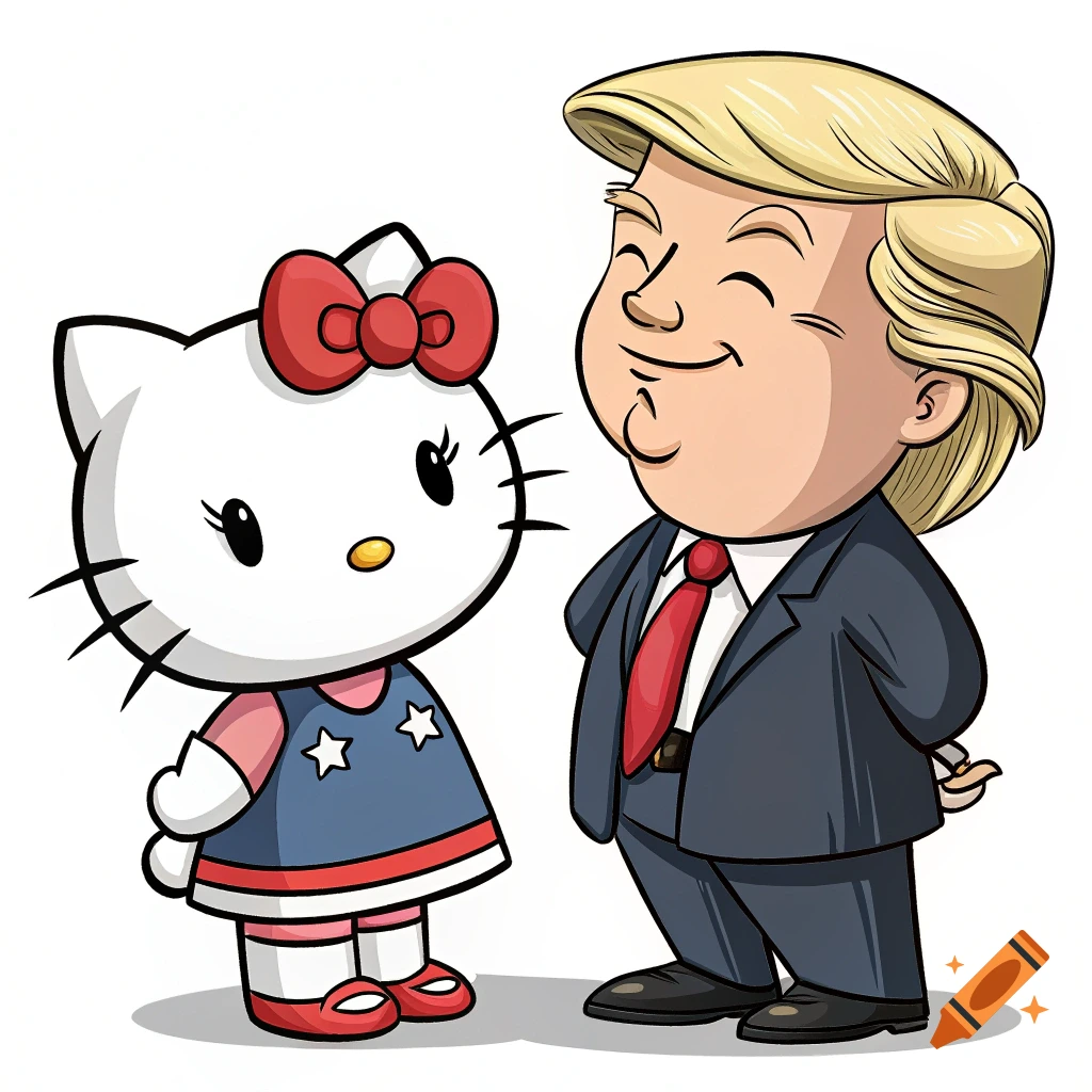 Cartoon illustration of Hello Kitty in a pink dress next to a cartoon ...