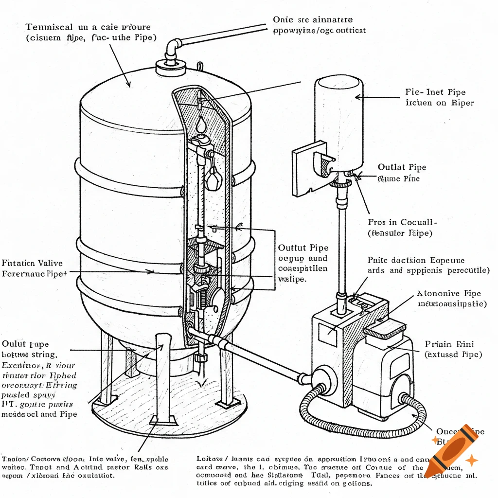 Drawing of a cistern and vacuum with labels on Craiyon