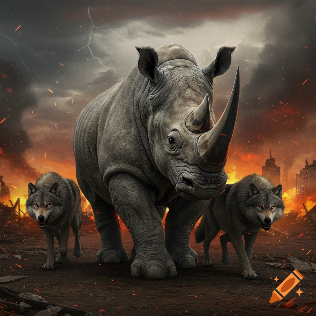 Rhino leading wolves into war on Craiyon