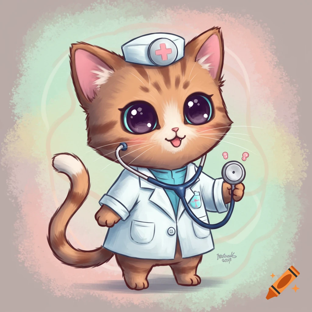 A cute cartoon cat wearing a white doctor's coat, stethoscope, and ...