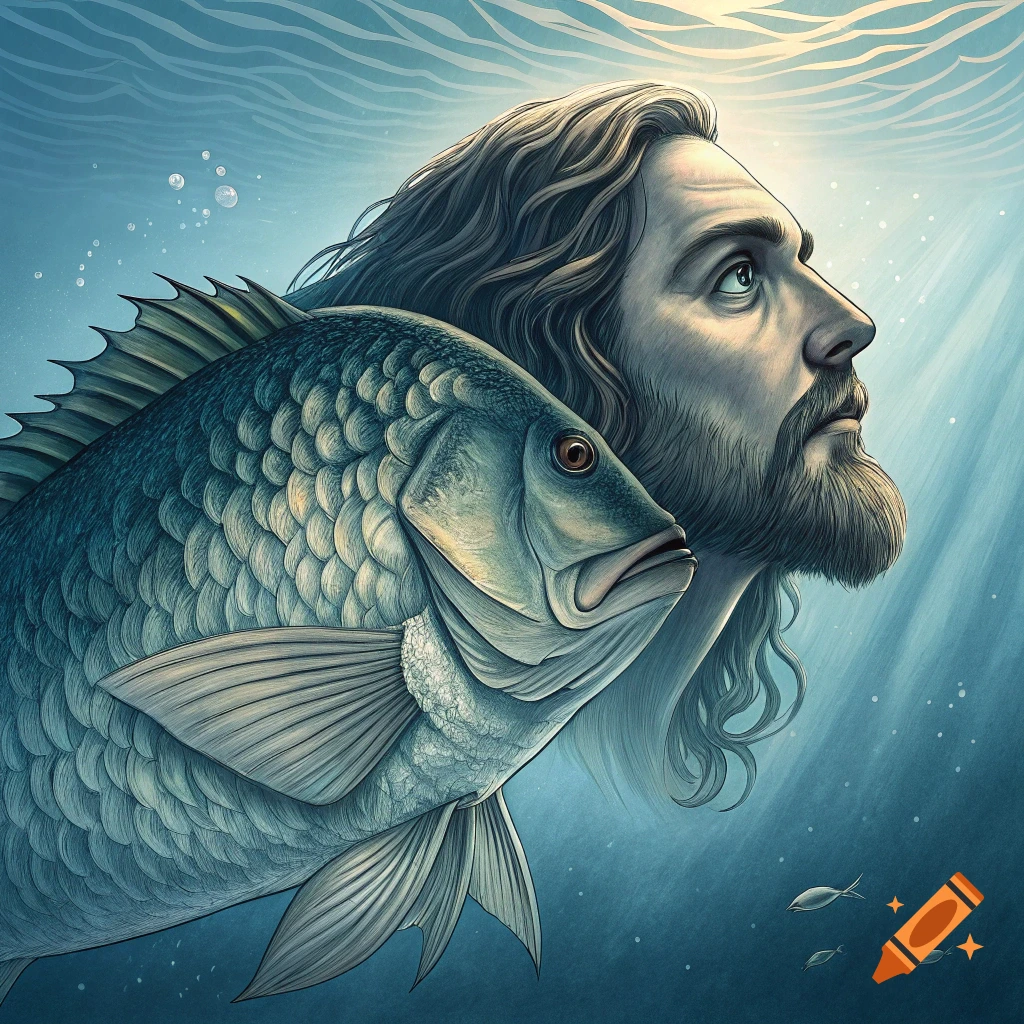 Illustration of a man with long hair and beard looking up underwater ...