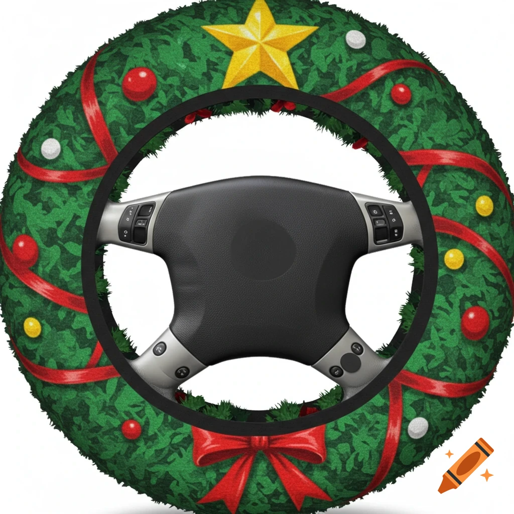Christmas wreath steering wheel cover with yellow star and red bows on ...