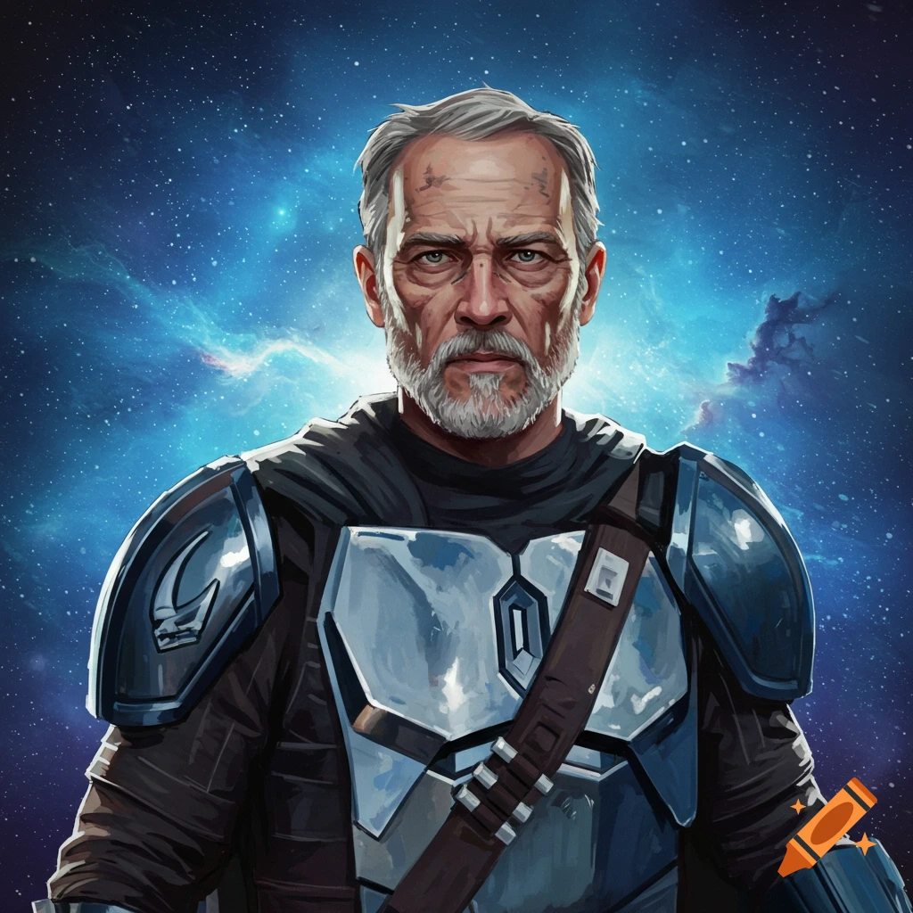 Illustrative portrait of a middle-aged man in sci-fi armor and cape ...