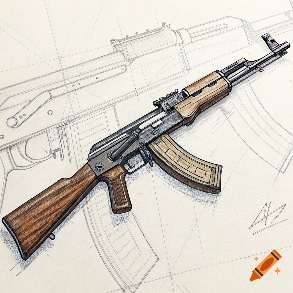 A drawing of an AK-47 rifle in a technical sketch style. on Craiyon
