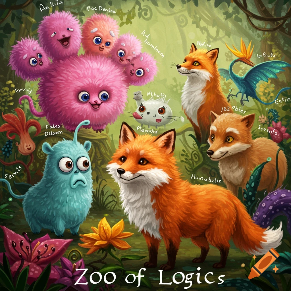 A whimsical illustration of cartoon fantasy creatures and foxes in a ...
