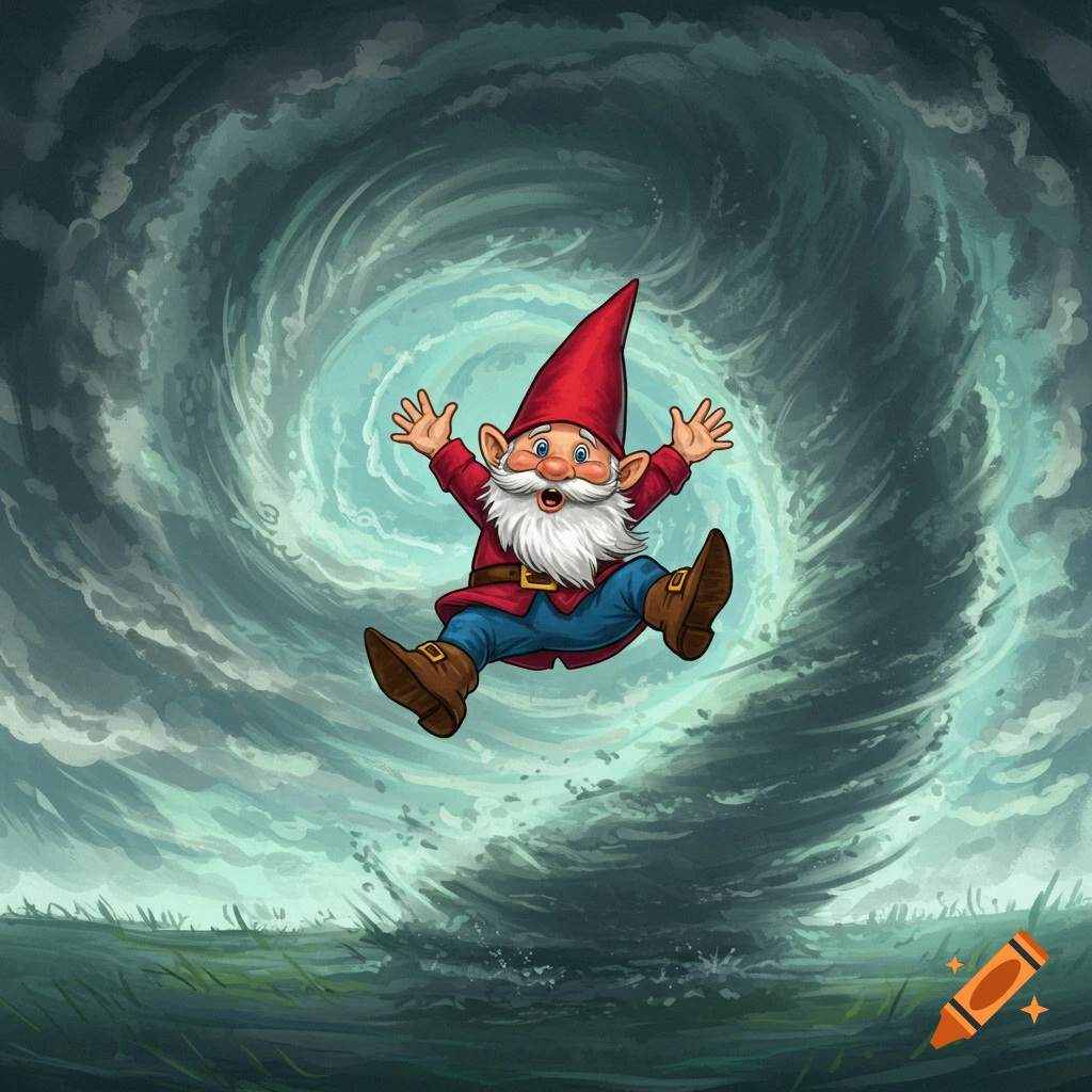Cartoon gnome being tossed in a swirling green tornado. on Craiyon