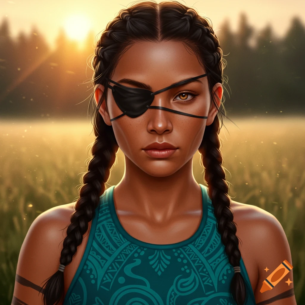 Indigenous 18-year-old girl with eye patch, runner on Craiyon